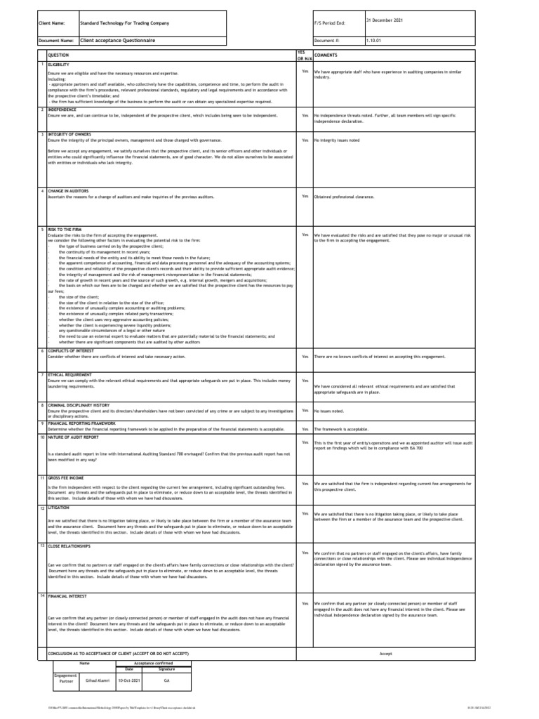Client Acceptance Procedures Checklist | PDF | Financial Audit | Audit