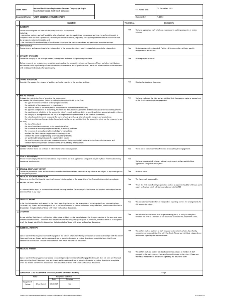 Client Acceptance Checklist - NRERSC | PDF | Financial Audit | Audit