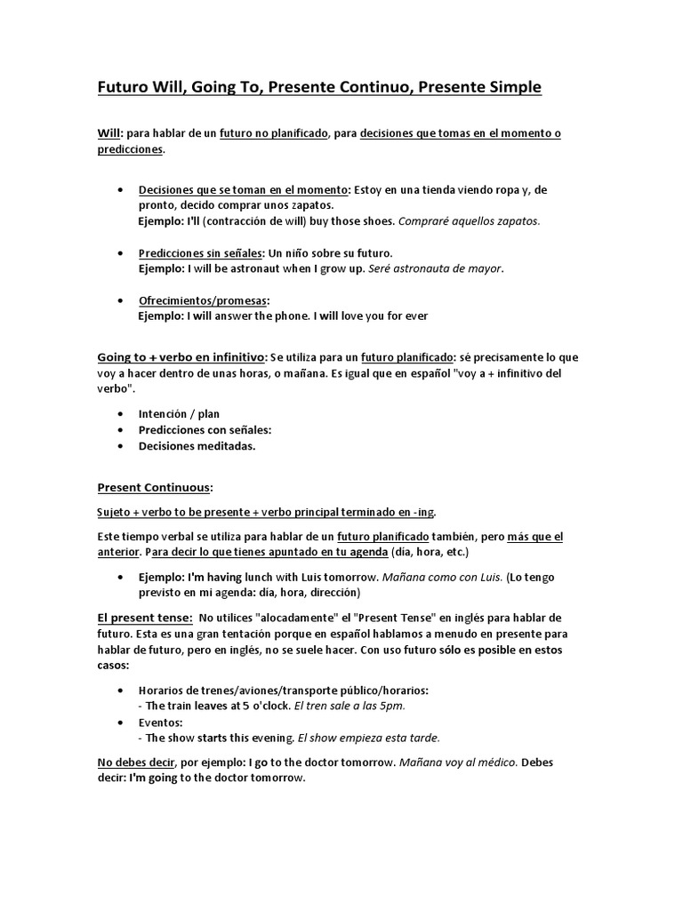 Future Types Explanation - Explicación Futuro Will, Going To, Presente ...