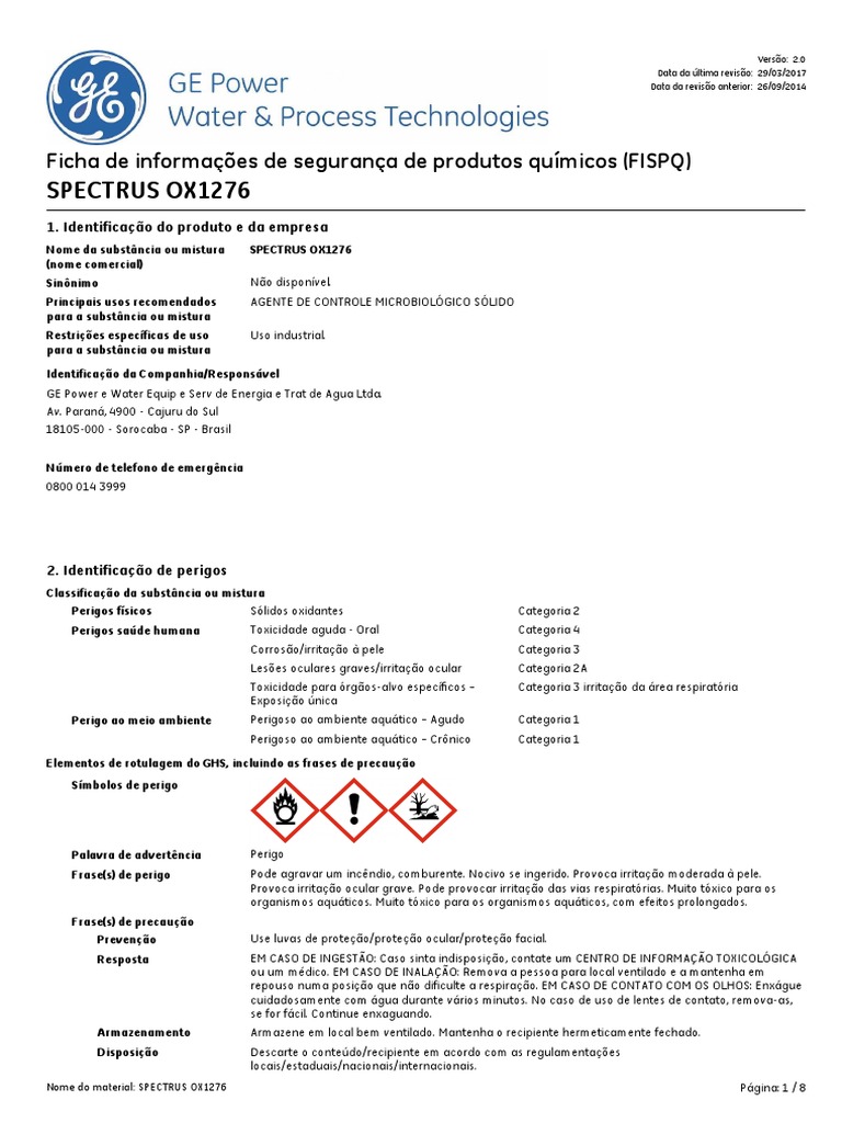 FISPQ - SPECTRUS OX1276 Tratamnto de Agua | PDF | Embalagem e rotulagem ...
