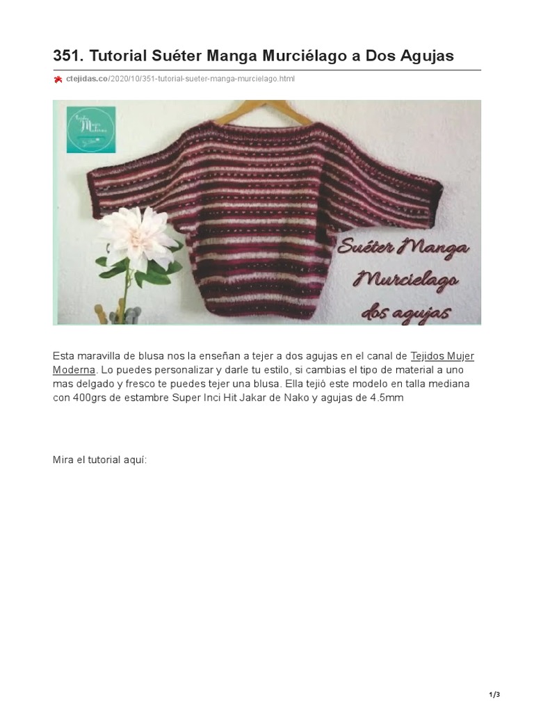 Ctejidas - Co-351 Tutorial Suéter Manga Murciélago A Dos Agujas | PDF