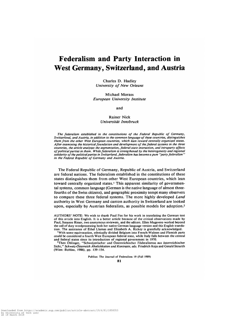 Federalism and Party Interaction in West Germany Switzerland and 1989 ...