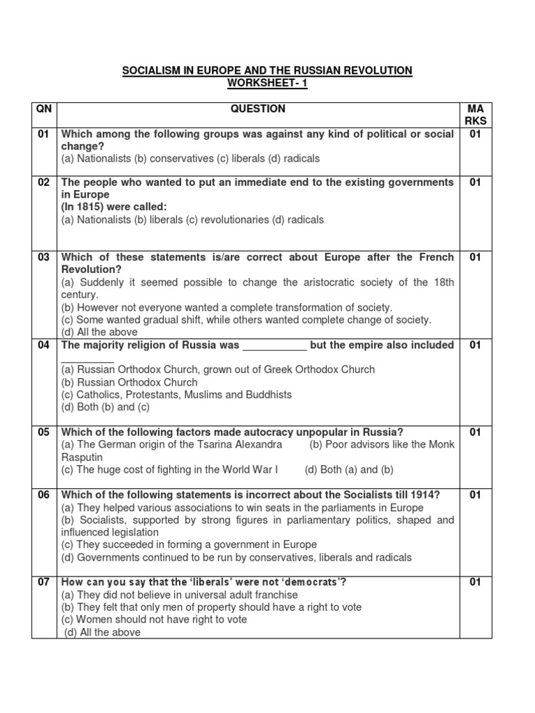 Socialism in Europe and The Russian Revolution WORKSHEET | PDF ...