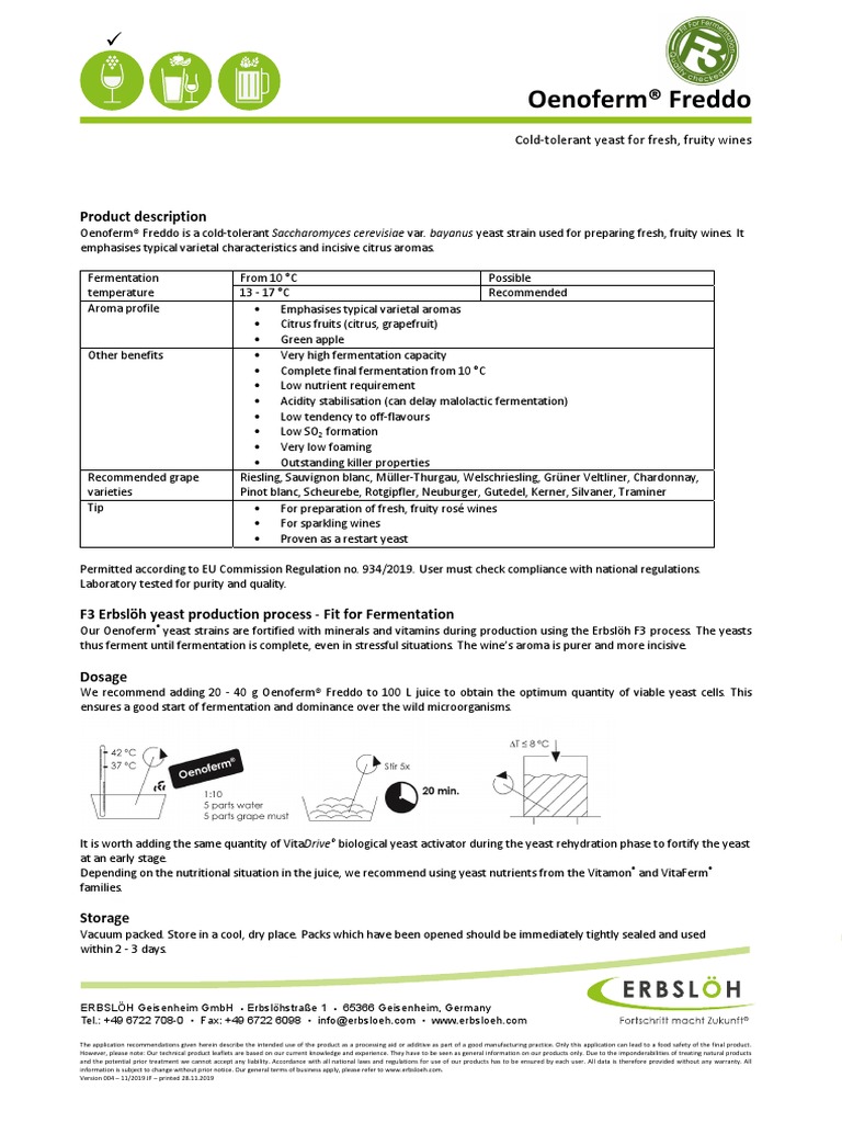 Oenoferm Freddo F3-Technical Data Sheet-English-erbsloeh | PDF | Fermentation In Winemaking | Yeast