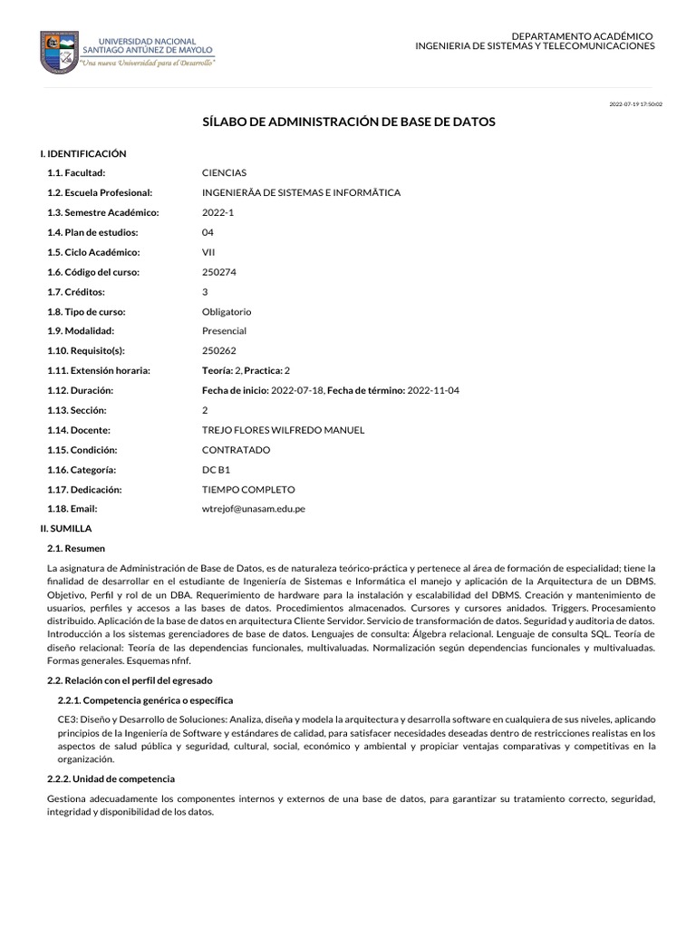 Silabo TREJO FLORES WILFREDO MANUEL - ADMINISTRACIÓN DE BASE DE DATOS S2 | PDF | Bases de datos ...