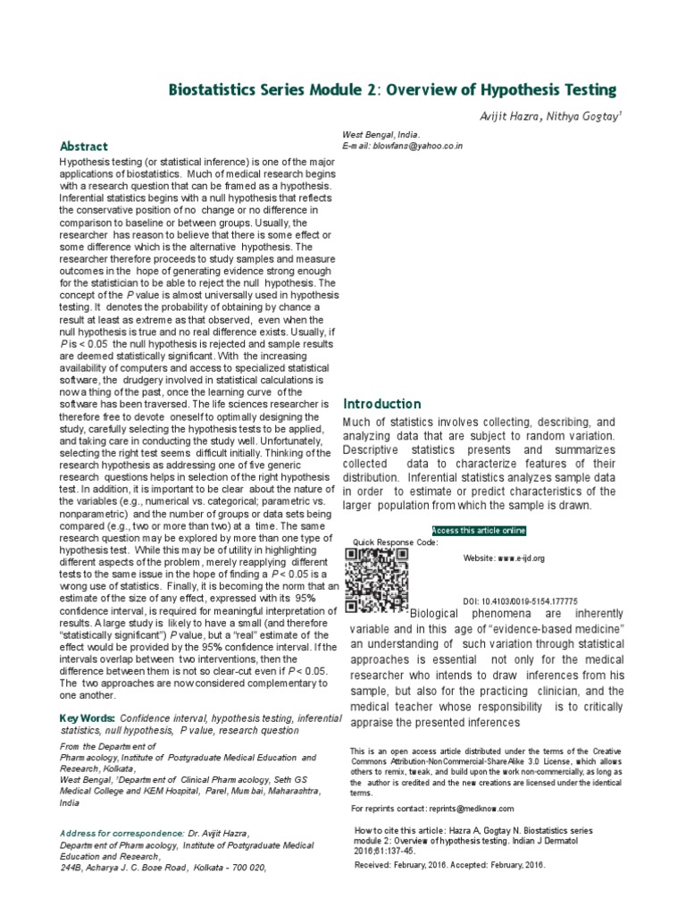 Biostatistics Series Module 2. Overview of Hypothesis Testing | PDF | P ...