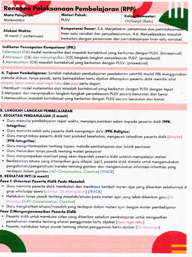 RPP PLSV Model PBL | PDF