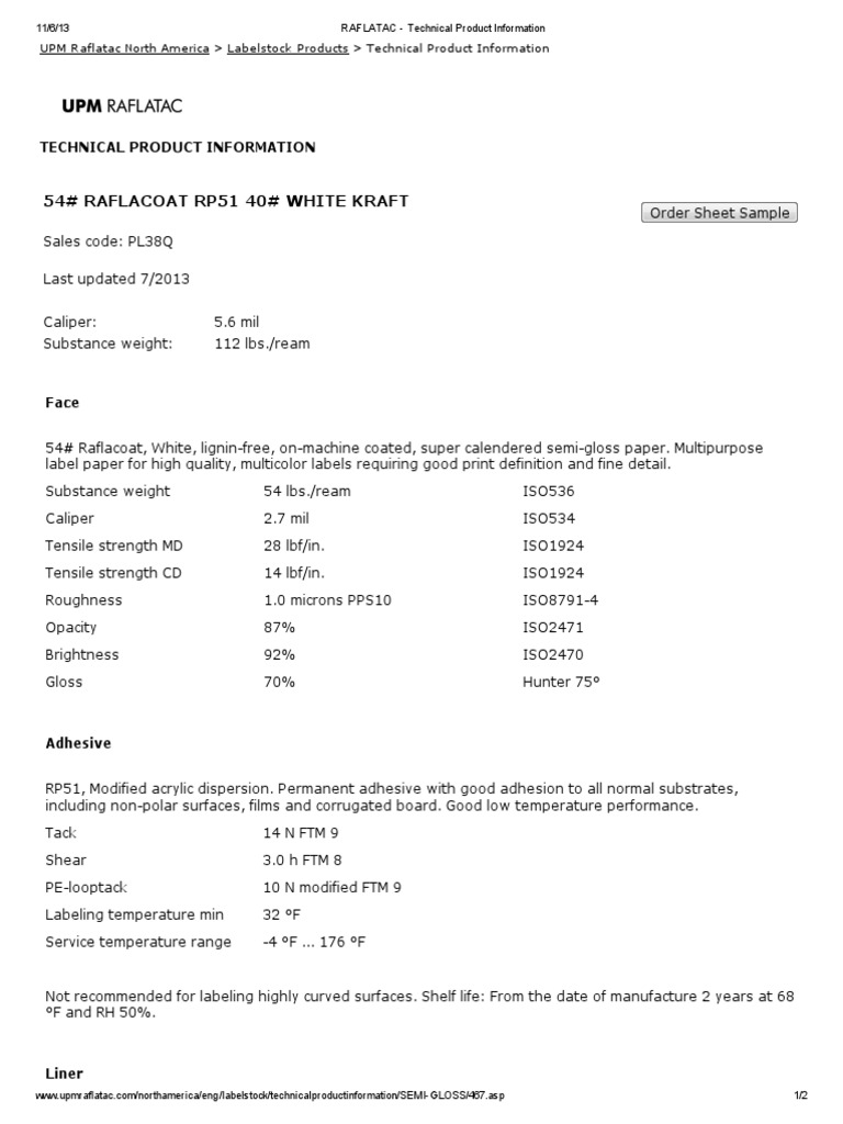 Raflatac PL38Q | PDF | Materials | Materials Science