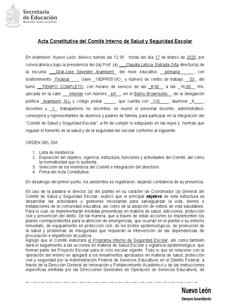 Acta constitutiva del Comité de Salud Escolar | PDF | Ciudad de México