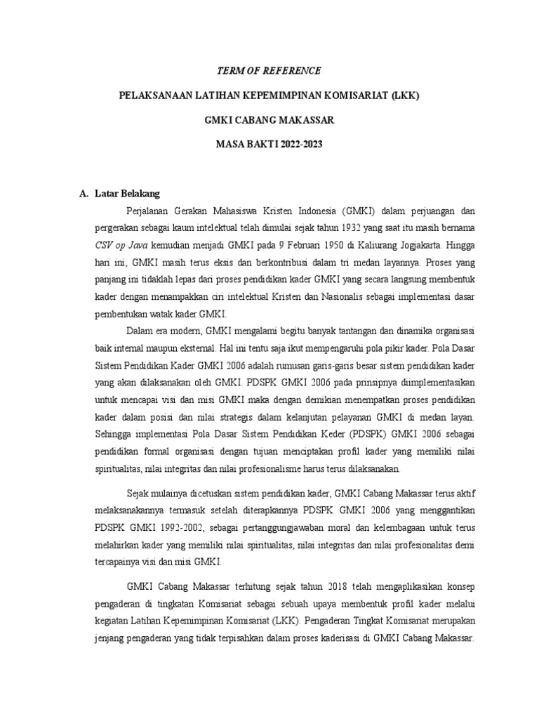 Term of Reference Pelaksanaan Lkk-1 | PDF | Karier & Perkembangan