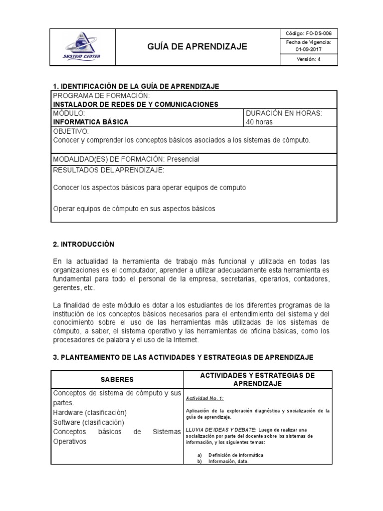 Fo-Ds-006 Guia de Aprendizaje Informática Básica 19-08 | PDF | Software de la aplicacion | Internet