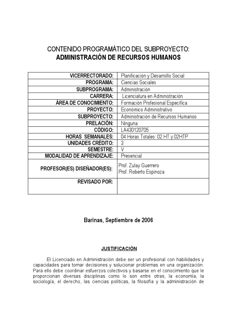Contenido Programatico Administracion de Recursos Humanos | PDF | Gestión de recursos humanos ...