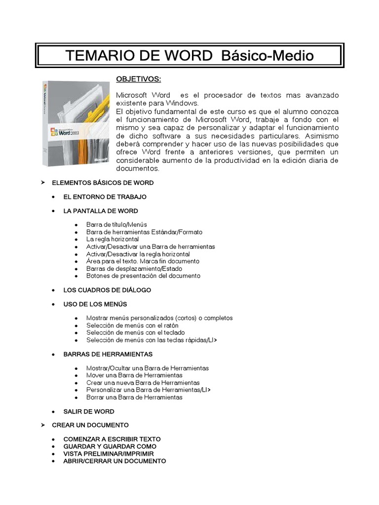 Temario Word Basico Medio | PDF | Microsoft Word | Microsoft