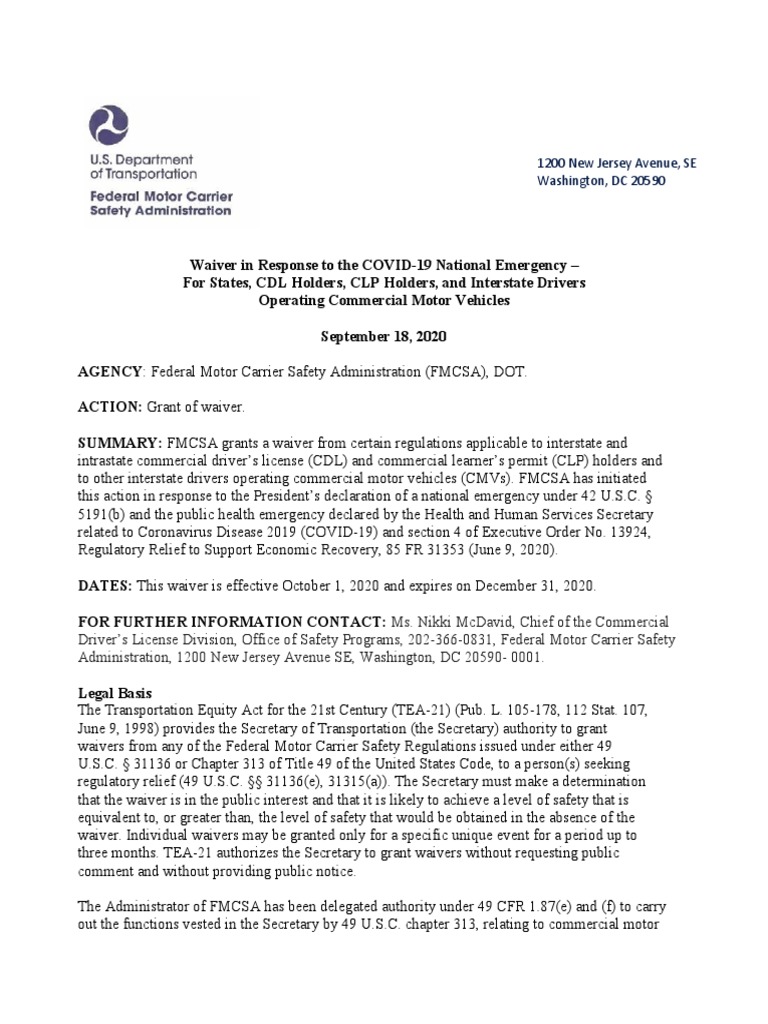FMCSA CDL Waiver - FINAL - Sep 18 | PDF | Justice | Crime & Violence