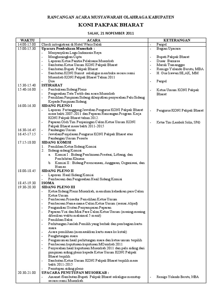 Rancangan Acara Musyawarah Olahraga Kabupaten | PDF