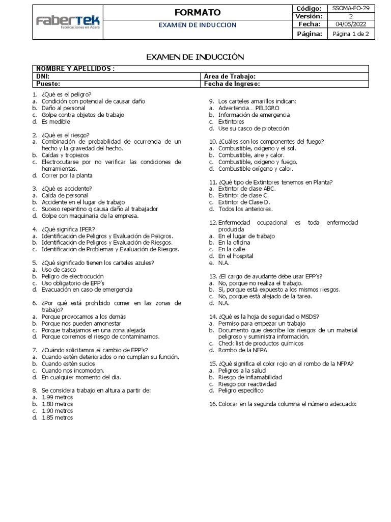 SSOMA-FO-29-Examen de inducción | PDF SSOMA-FO-29-Examen de inducción | PDF