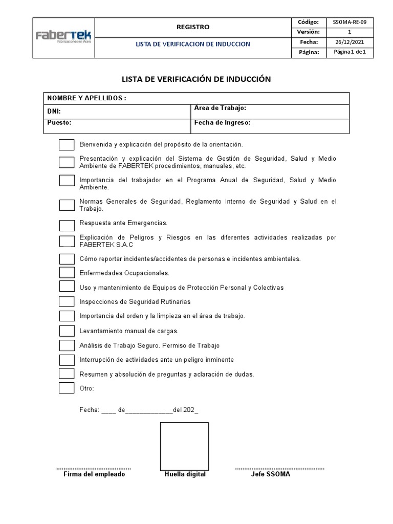 SSOMA-RE-09-Verificacion de Induccion | PDF SSOMA-RE-09-Verificacion de Induccion | PDF