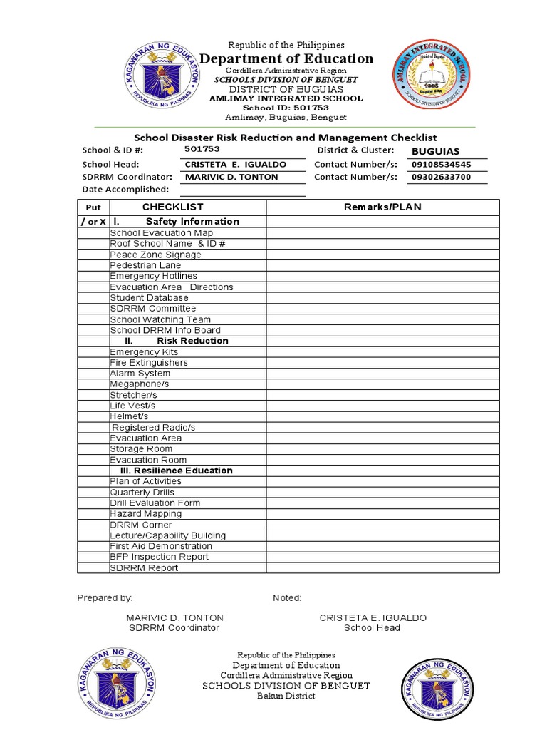 DRRM CHECKLIST - Amlimay | PDF | Emergency Evacuation | Safety