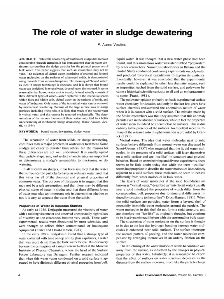 The Role of Water in Sludge Dewatering: P. Aarne Vesilind | PDF | Water ...