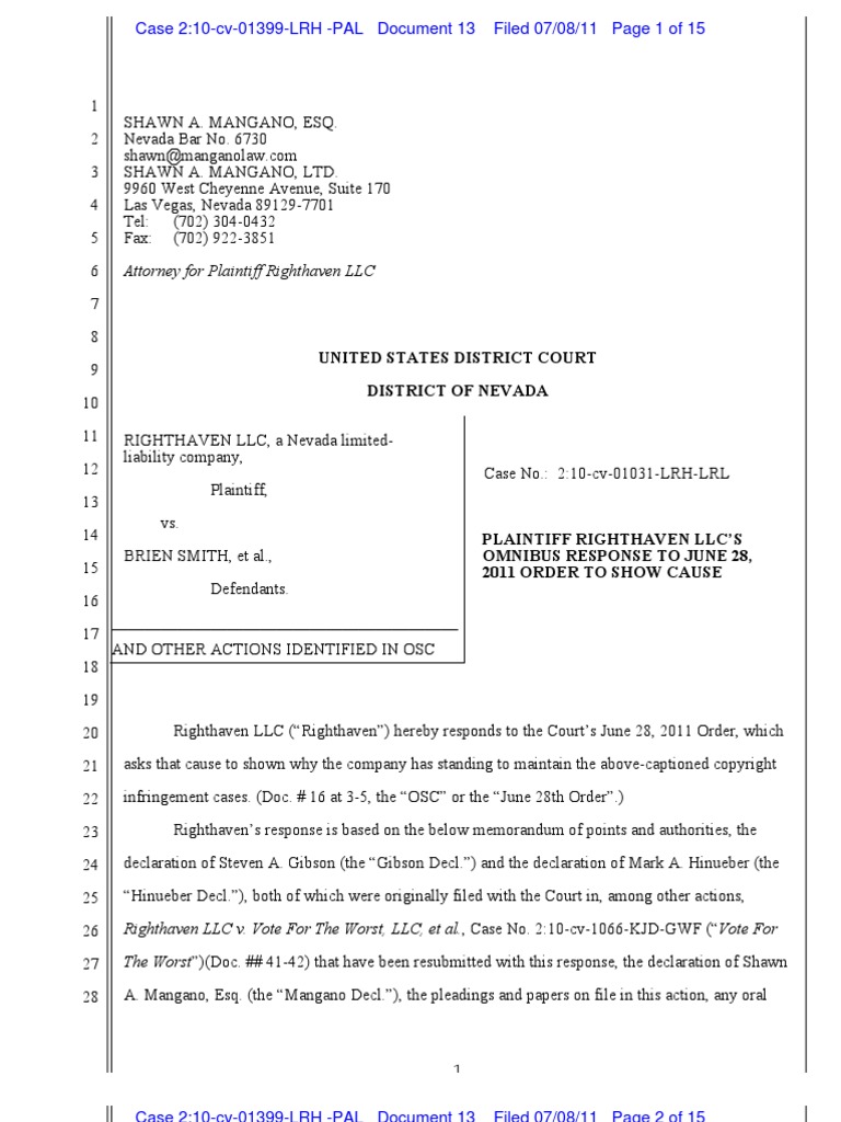 Righthaven v. Smith - Plaintiff Righthaven LLC's Omnibus Response To ...