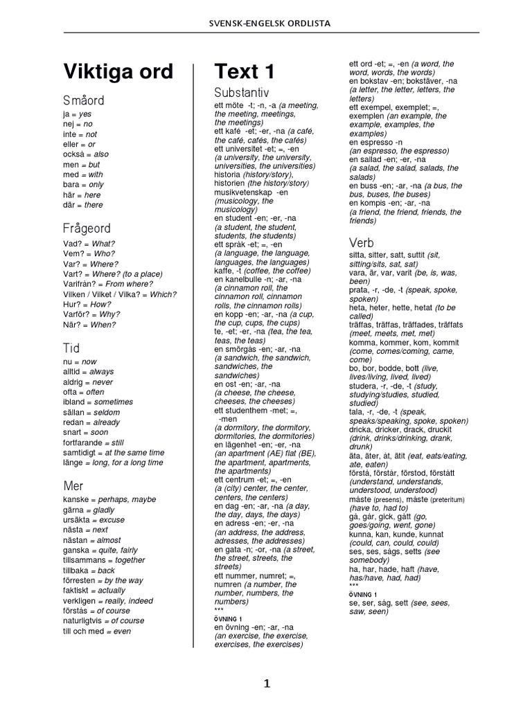 175171001-1afd7d-SWEDISH-ENGLISH WORDLIST - TEXT 1-20 - 2nd | PDF