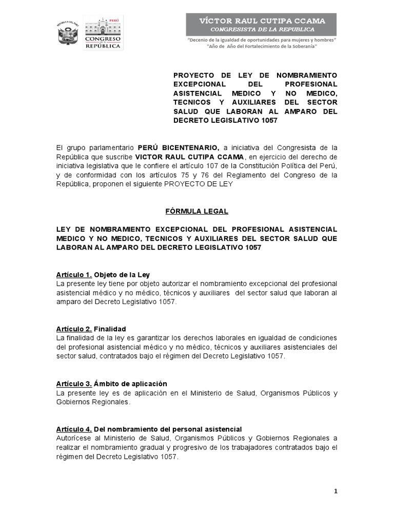 Proyecto De Ley De Nombramiento Excepcional Del Personal Asistencial