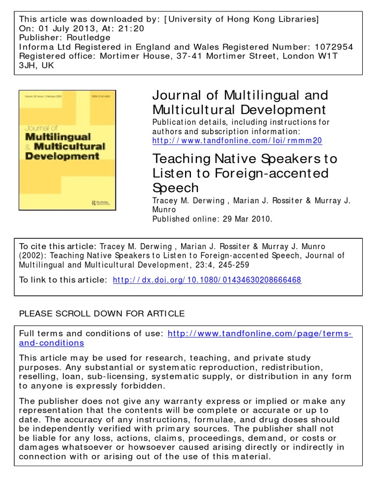 Derwing Et Al 2002 Teaching Native Speakers To Listen To Foreign ...