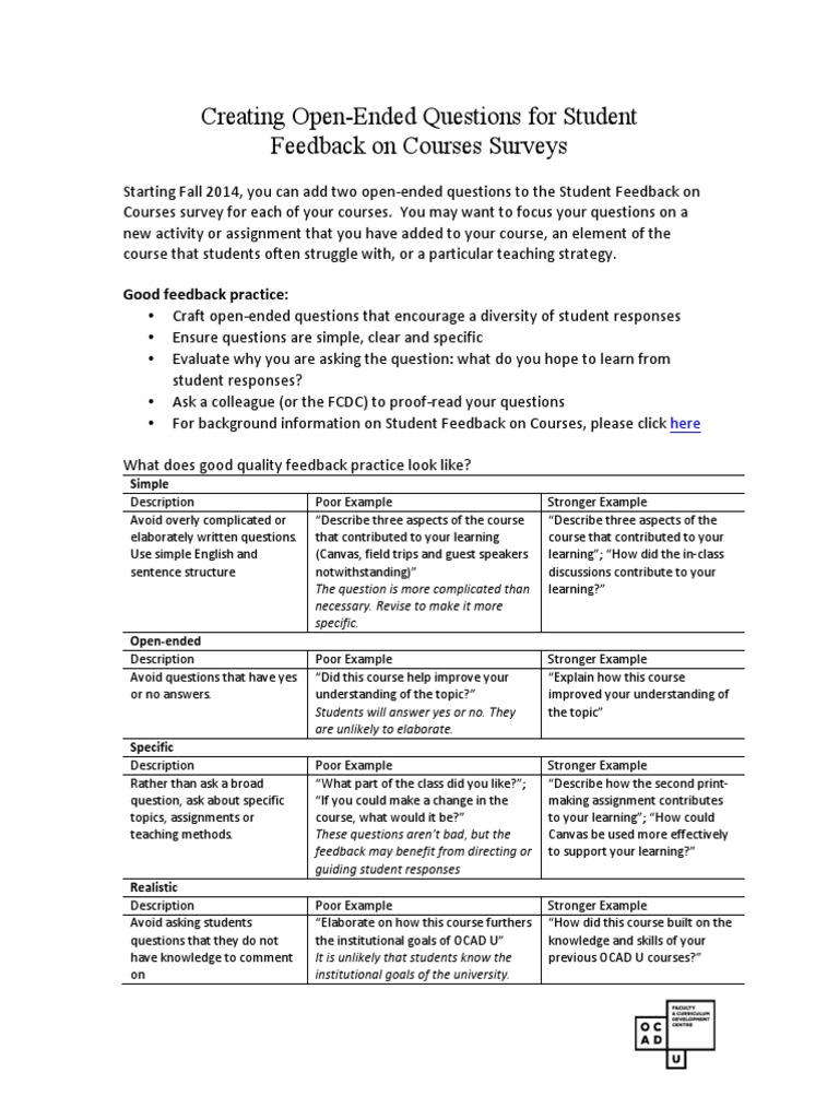 Creating Open-Ended Questions For Student Feedback On Courses Surveys ...