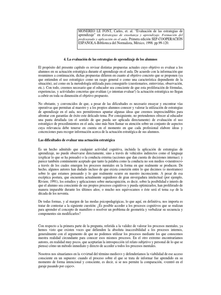 La Evaluacion De Las Estrategias De Aprendizaje Pdf Evaluación