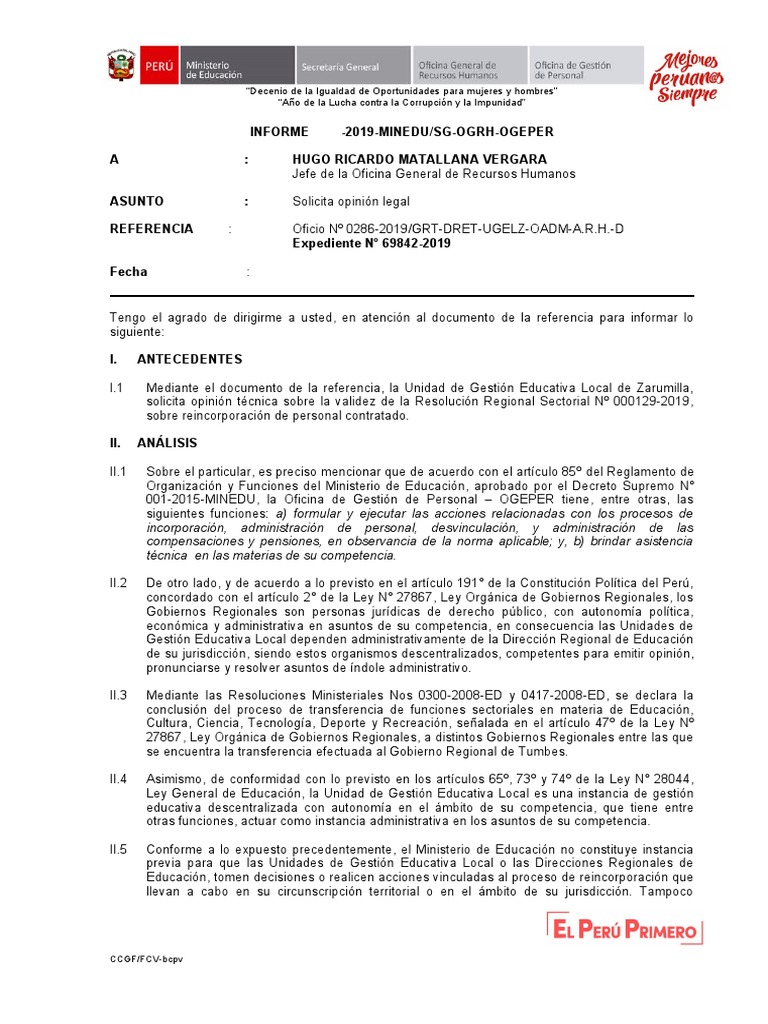 Informe A Dre Tumbes Consulta Ugel Zarumilla Sobre Reincorporación | PDF | Jurisdicción | Gobierno