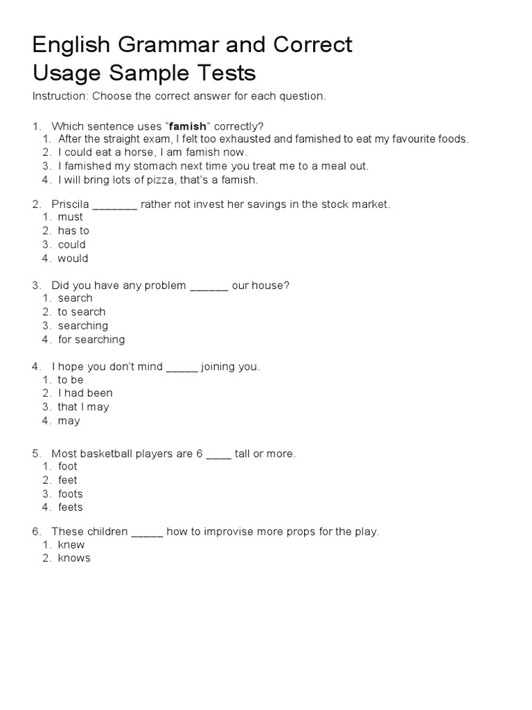 English Grammar and Correct Usage Sample Tests | PDF | Invoice ...