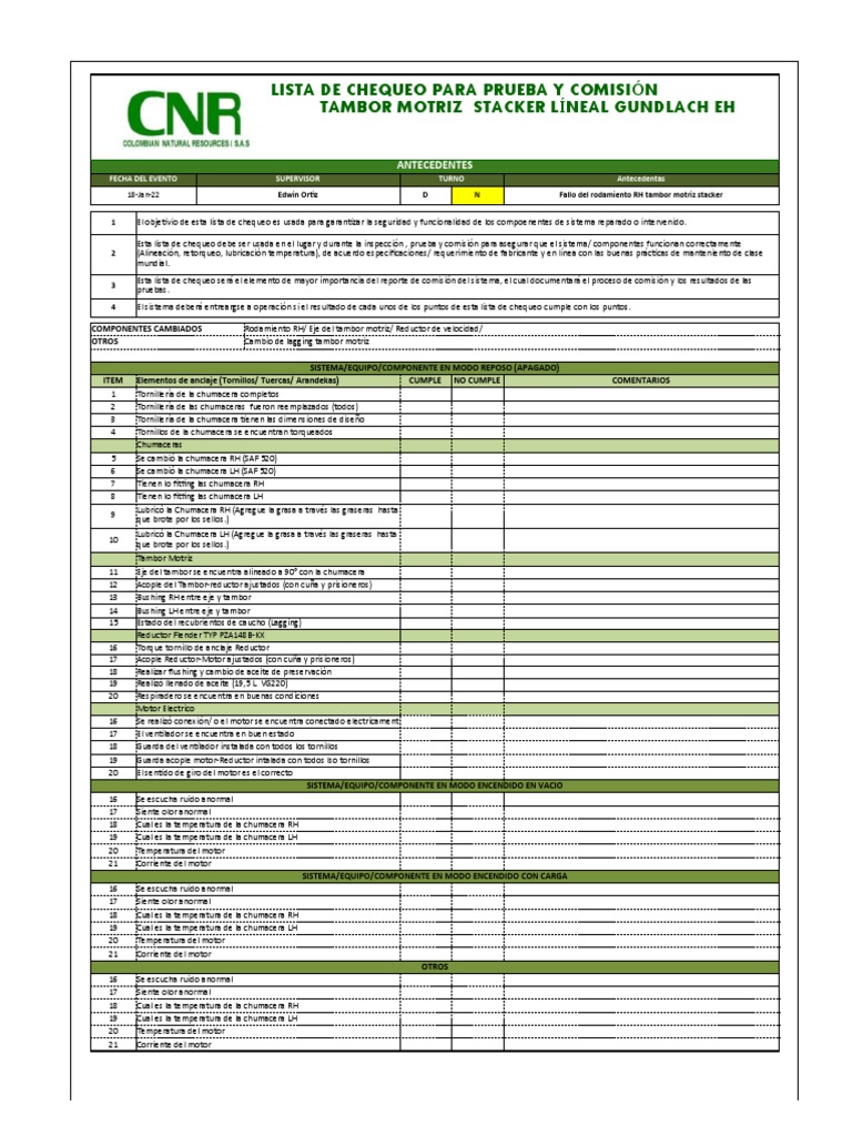 Formato de Pruebas y Comisionamiento | PDF | Tornillo | Máquinas