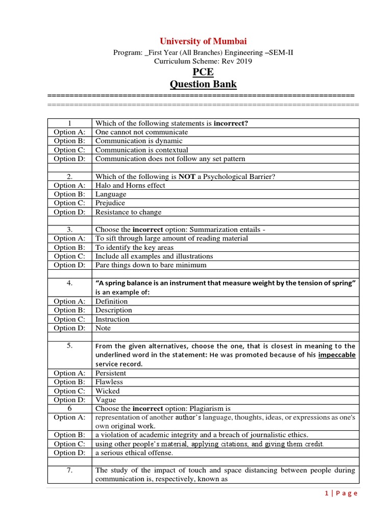Question Bank - PCE | PDF | Communication | Body Language