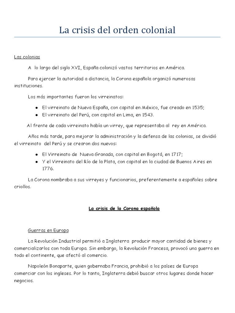 La Crisis Del Orden Colonial | PDF | Imperio español | América del Sur