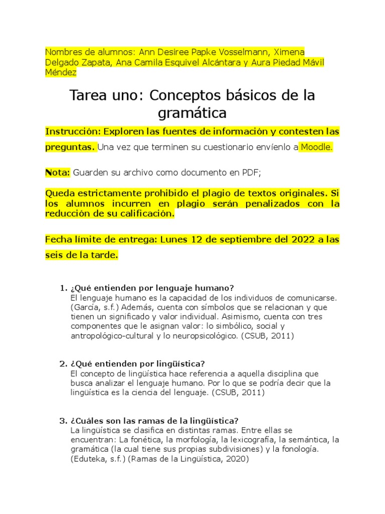Tarea Uno (Conceptos Básicos de Gramática) | PDF | Lingüística | Gramática