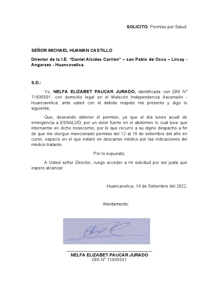 SOLICITO Permiso Por Salud | PDF