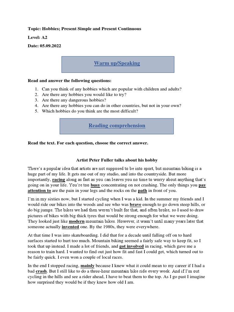 Hobbies Present Simple and Present Continuous, Poziom A2, Damian Kupisz | PDF