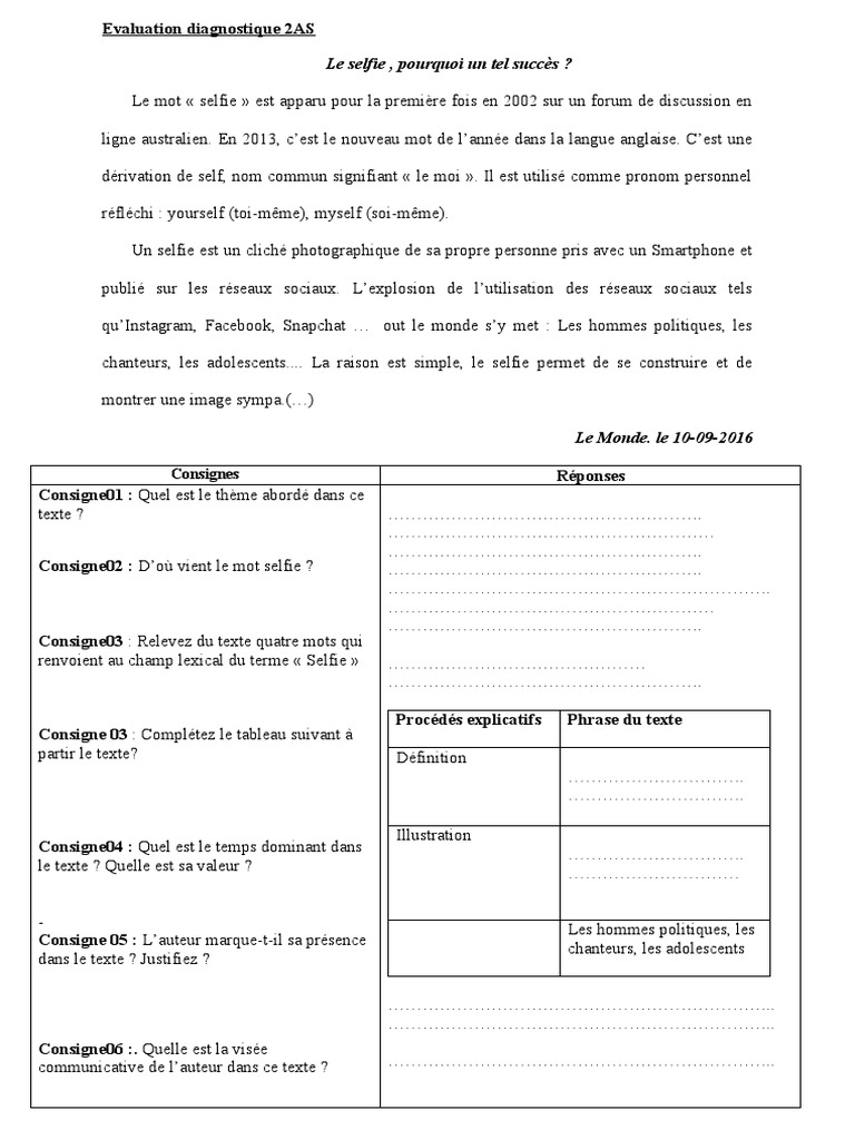 Evaluation Diagnostique 2AS 2022 | PDF | Selfie | Linguistique