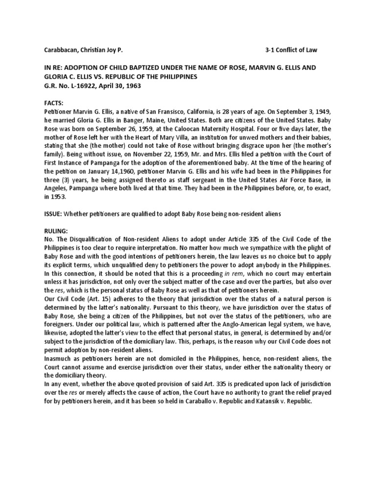 Family Relations - Adoption of Child Baptized Under The Name of Rose, Ellis - Ellis v. Republic ...