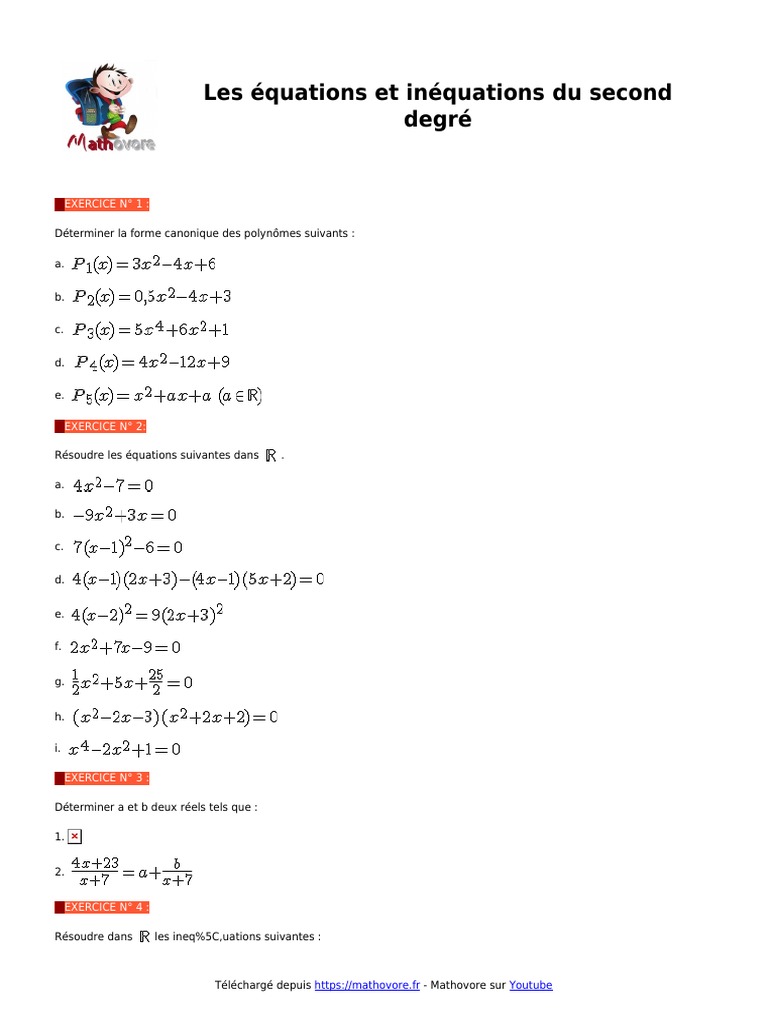 Les Equations Et Inequations Du Second Degre Exercices de Maths en 1ere ...
