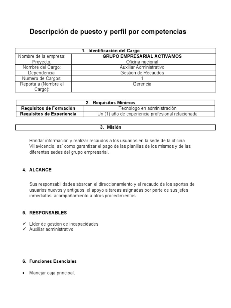 Taller 4 Ejemplo de Una Descripción de Puestos y Un Perfil Por Competencias | PDF | Calidad ...