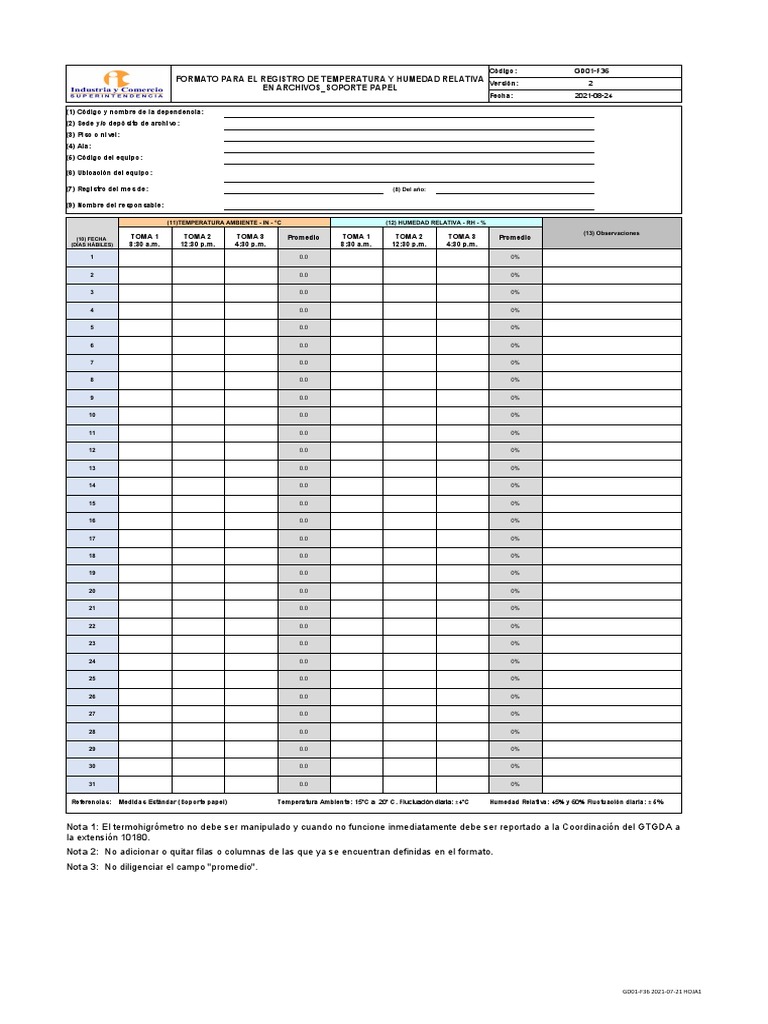 Formato para El Registro de Temperatura y Humedad Relativa en Archivos ...