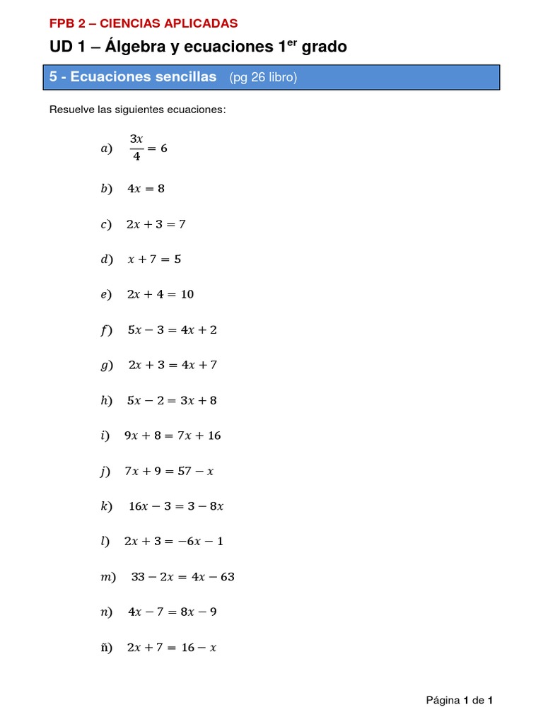 Ecuaciones 1er Grado Sencillas | PDF