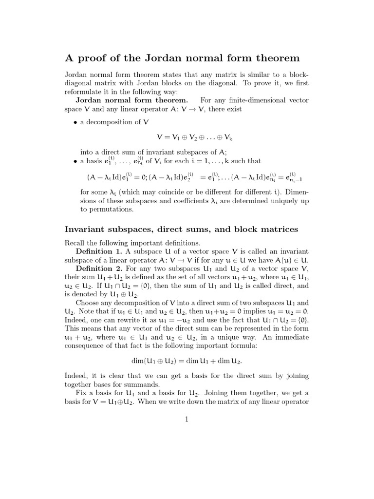 A Proof of The Jordan Normal Form Theorem | PDF | Linear Subspace | Basis (Linear Algebra)