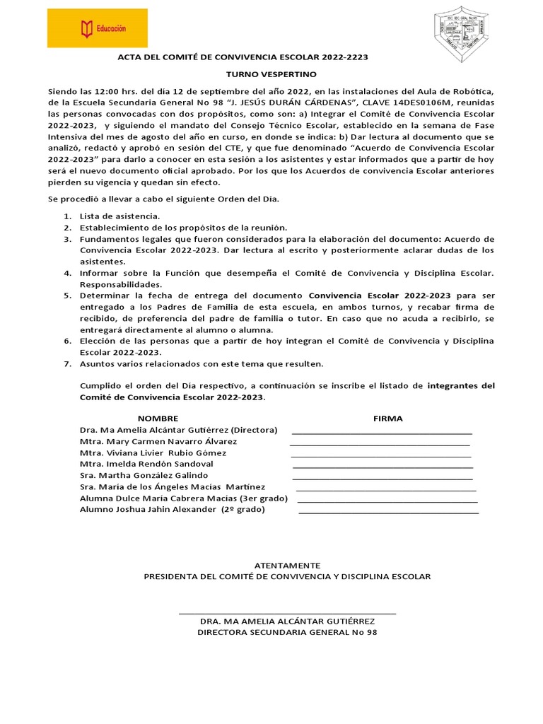 Comité de Convivencia Escolar 22-23 | PDF