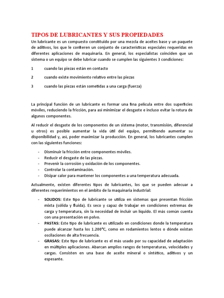 Tipos de Lubricantes y Sus Propiedades | PDF | Lubricante | Líquidos