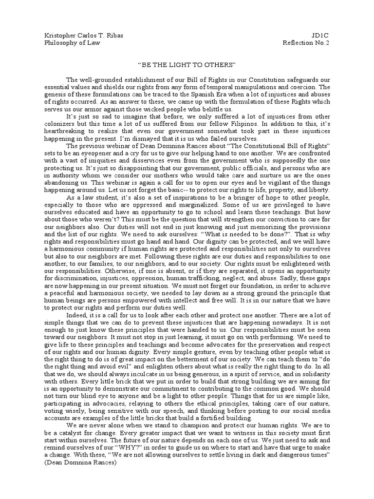 REFLECTION NO. 2 (Ribas, Kristopher Carlos T. - JD1C) | PDF | Applied Ethics | Social Institutions