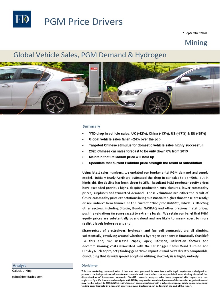 Global Vehicle Sales PGM Demand Hydrogen Aug 2020 | PDF | Palladium | Car