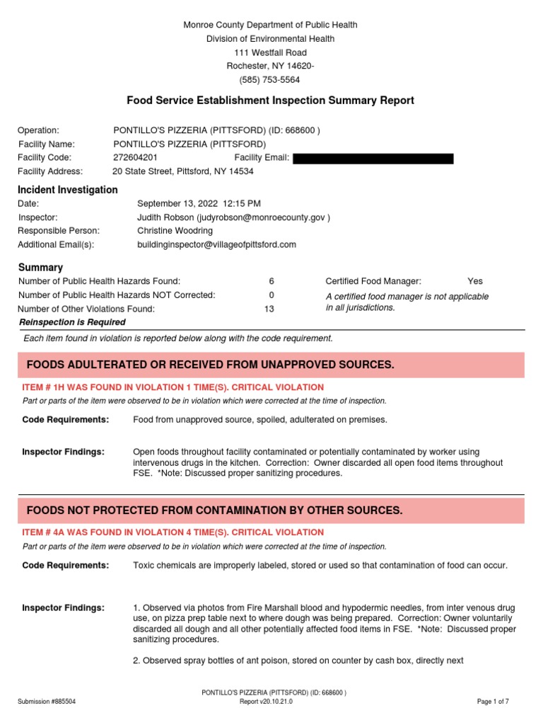 Pittsford Pontillos Health Inspection Records | PDF | Kitchen Utensil ...