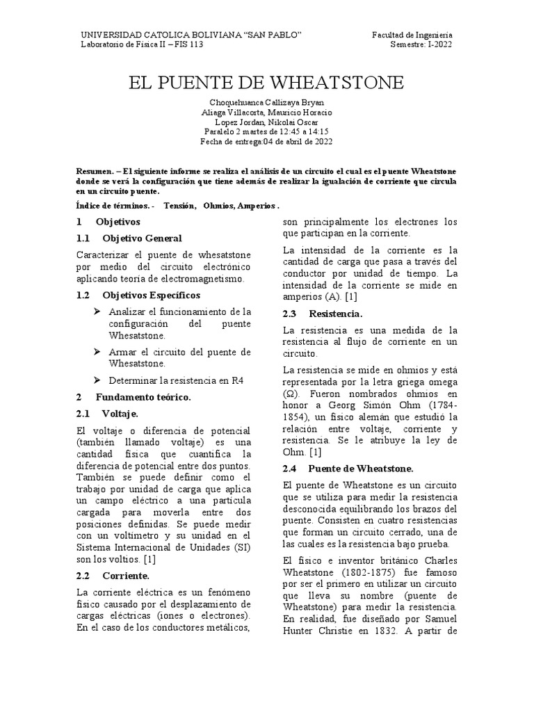 El Puente de Wheatstone | PDF | Resistencia Eléctrica y Conductancia ...